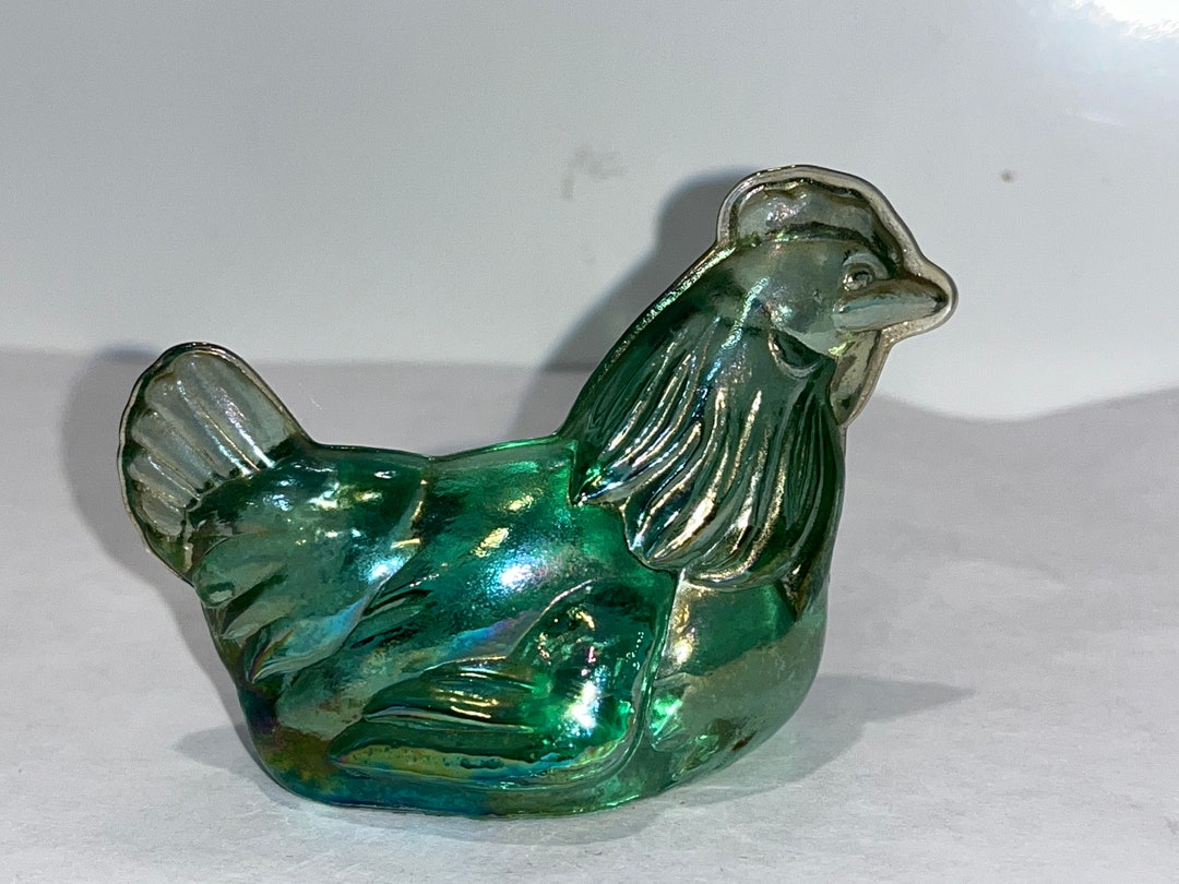 Fenton Iridescent Green Hen Figure, Vintage Fenton Carnival Glass ...