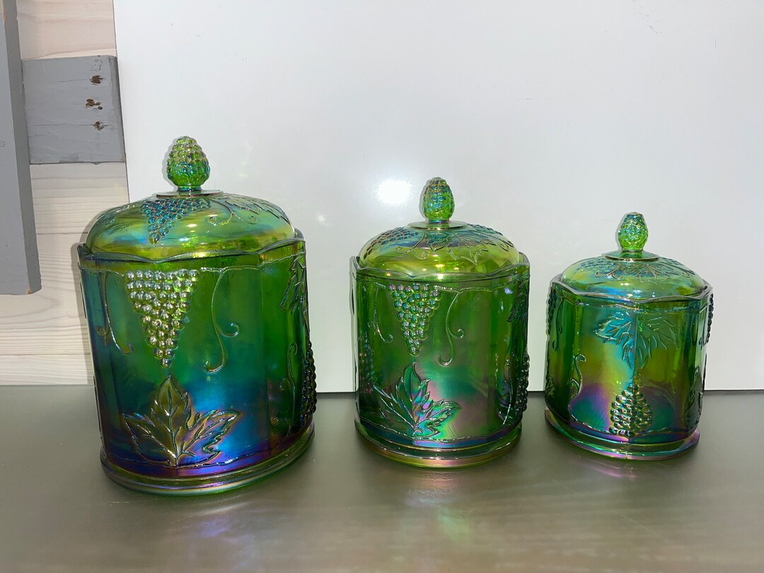 Set of 3 Vintage Indiana Grape Green Carnival Glass Canisters, Indiana ...