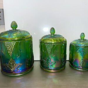 Set of 3 Vintage Indiana Grape Green Carnival Glass Canisters, Indiana ...