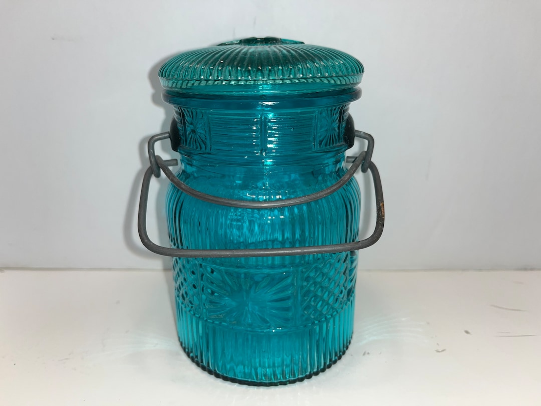 Vintage Avon Turquoise Glass Jar, Aqua Blue Glass Mason Jar With Lid ...