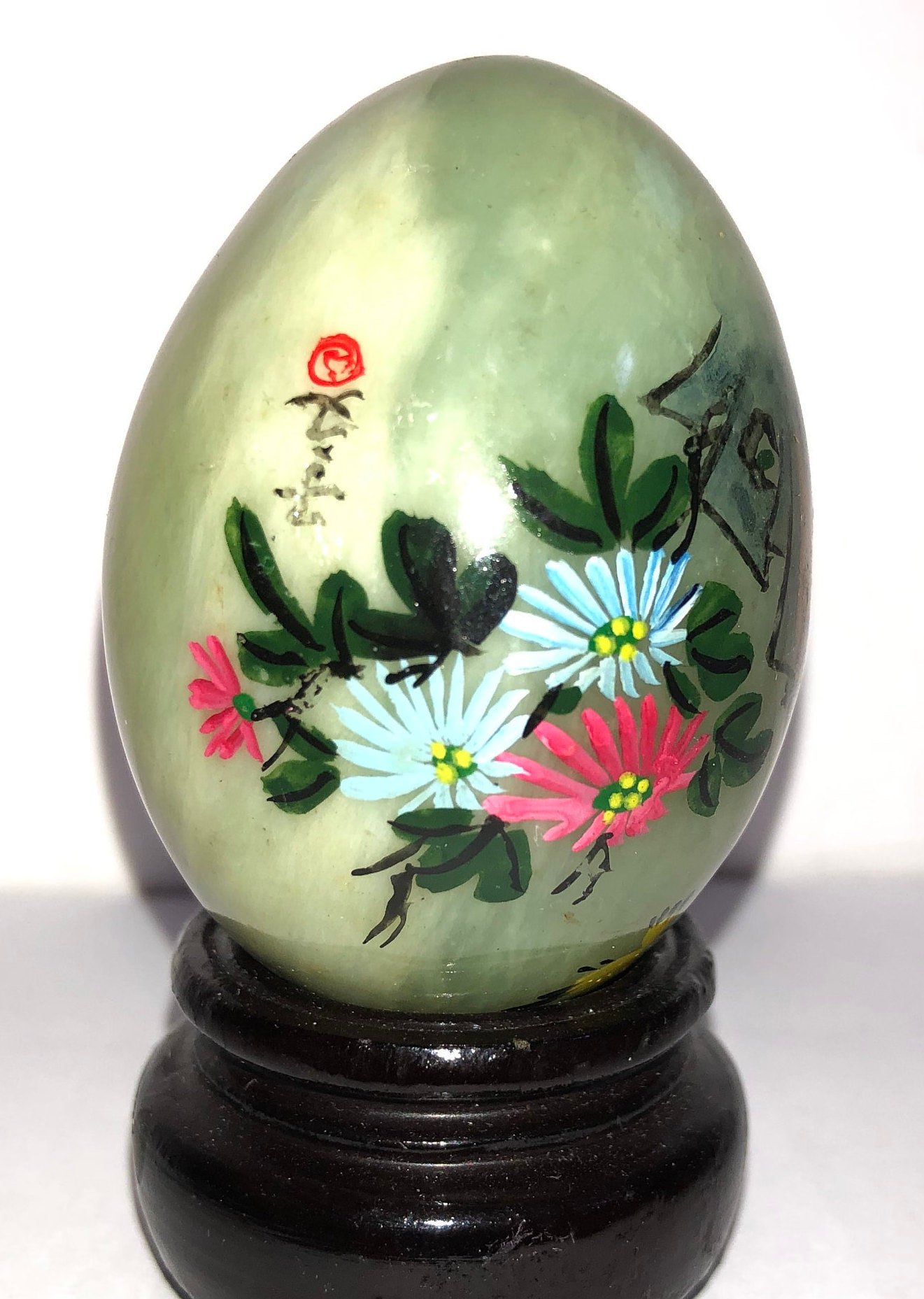 Painted Jade Egg, Asian Floral Painted Jade Egg, Natural Stones Jade ...