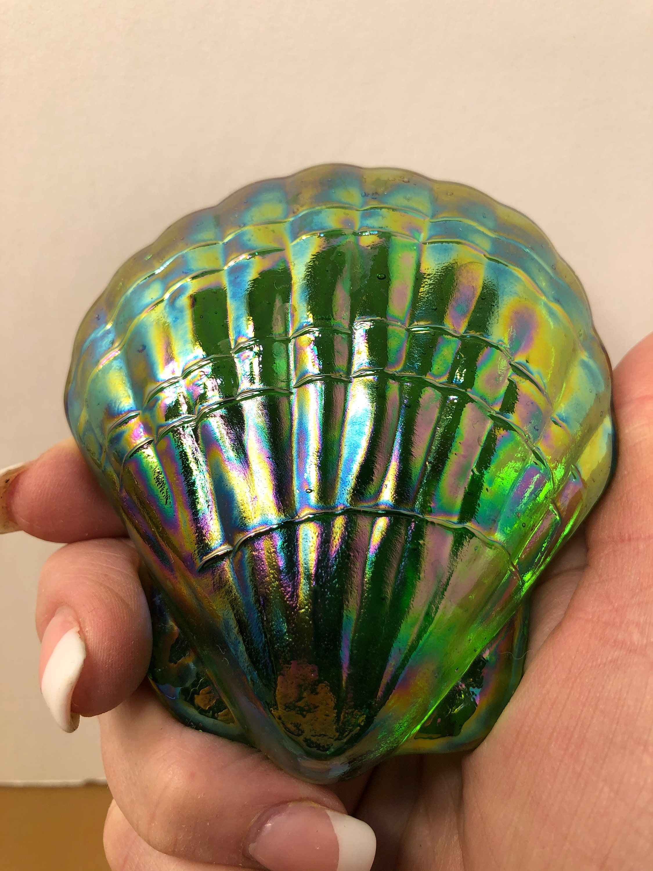Art Glass Shell Paper Weight Iridescent Green Glass Shell Etsy