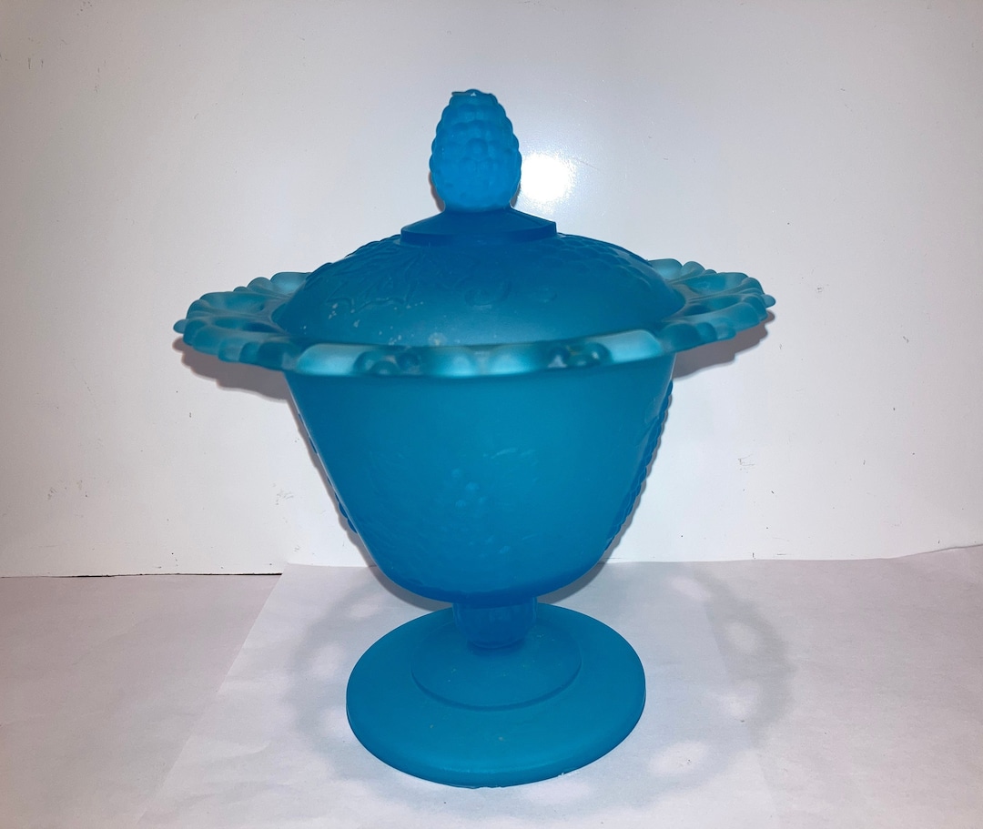 Vintage Indiana Glass Frosted Candy Dish, Indiana Satin Blue Grape ...