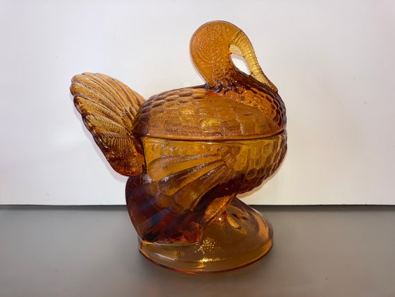 Vintage L E Smith Covered Gold Turkey L E Smith Amber Lidded | Etsy