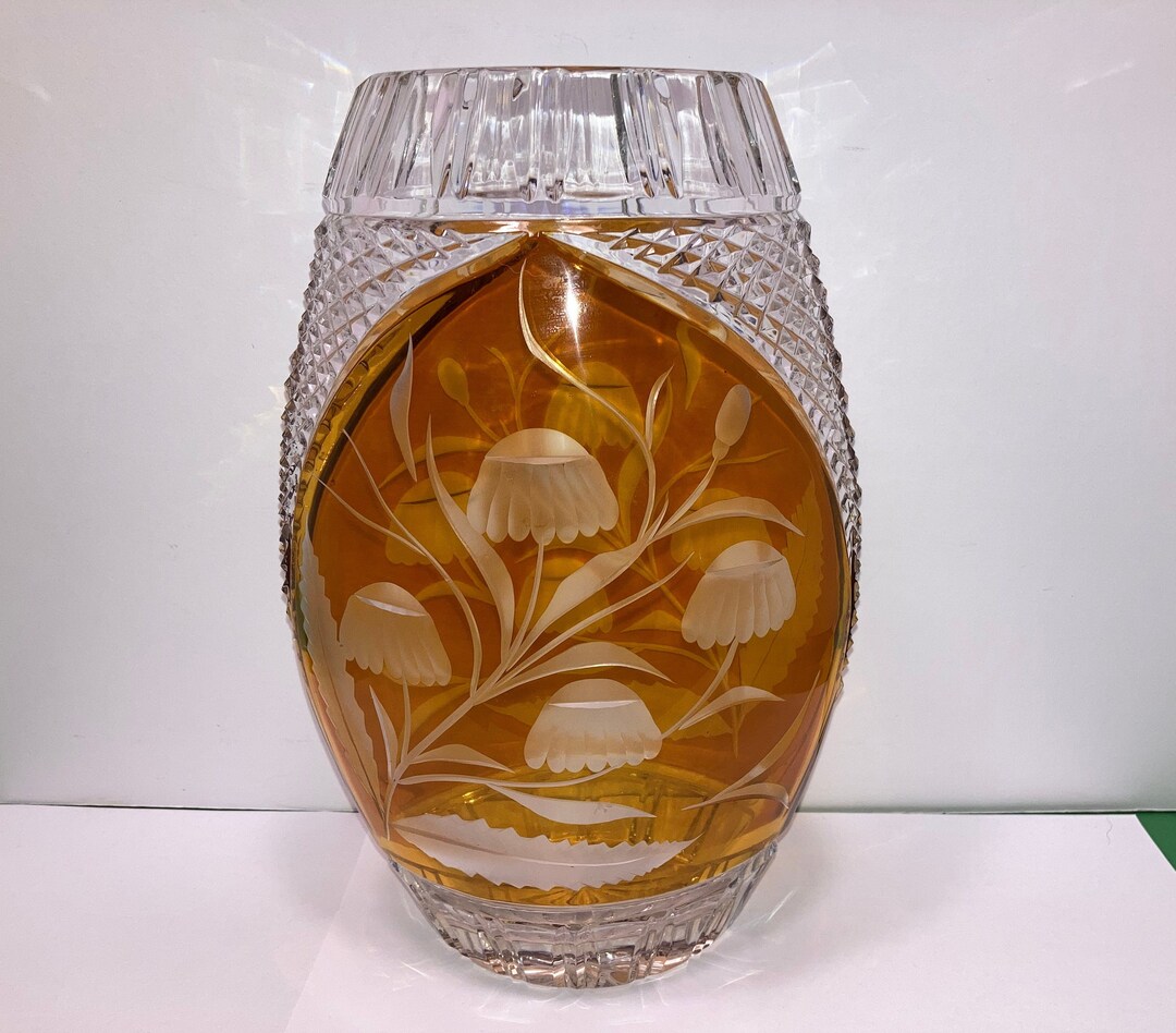 Bohemian Amber Etched Floral Vase, 10 Bohemian Gold Flower Vase, Julia ...