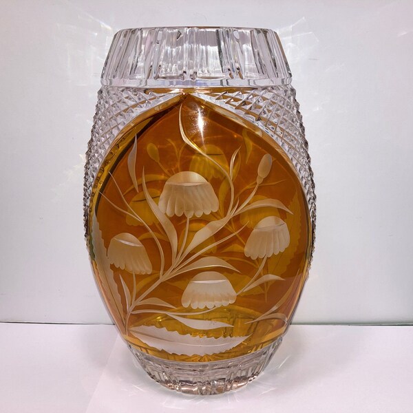 Bohemian Etched Amber Vase - Etsy