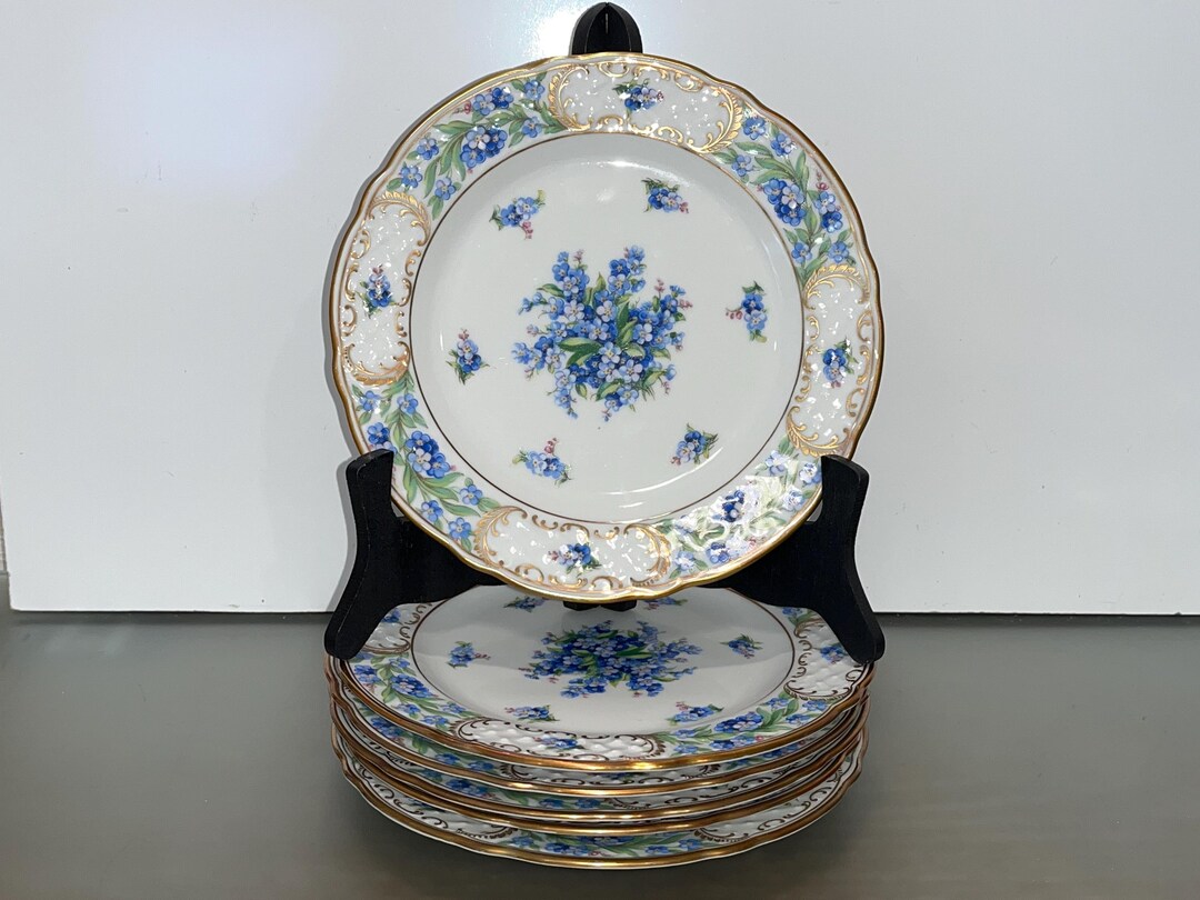 6 Antique Schumann Forget Me Not 7 7/8" Plates, Schumann Reticulated ...