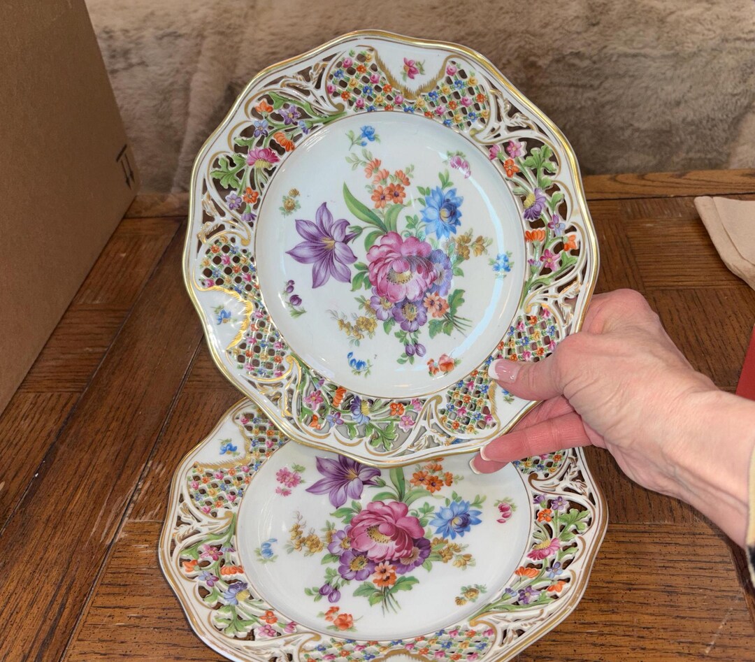 2 Antique Schumann Dresden Pierced Luncheon Plates, Schumann Germany 9 ...