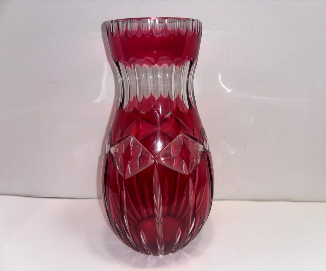 Bohemian Cranberry Clear Vase, 7 1/4" Bohemian Pink Cut to Clear Flower ...