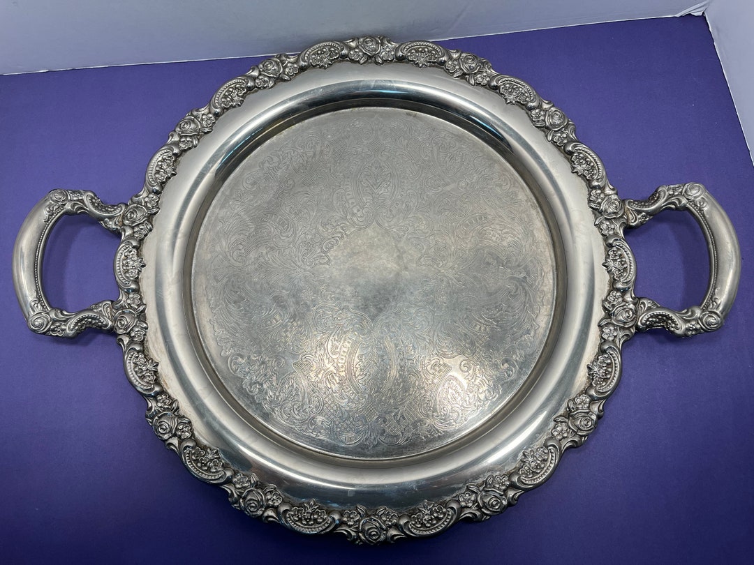 Vintage 19" Silver Plated Butlers Tray, Oneida Large Round Silver Plate ...