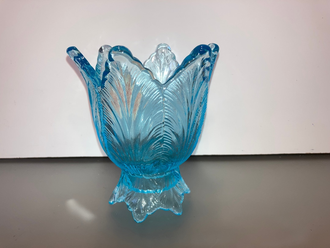 Vintage Fenton Aqua Blue Glass Cabbage Candle, Turquoise Blue Taper ...
