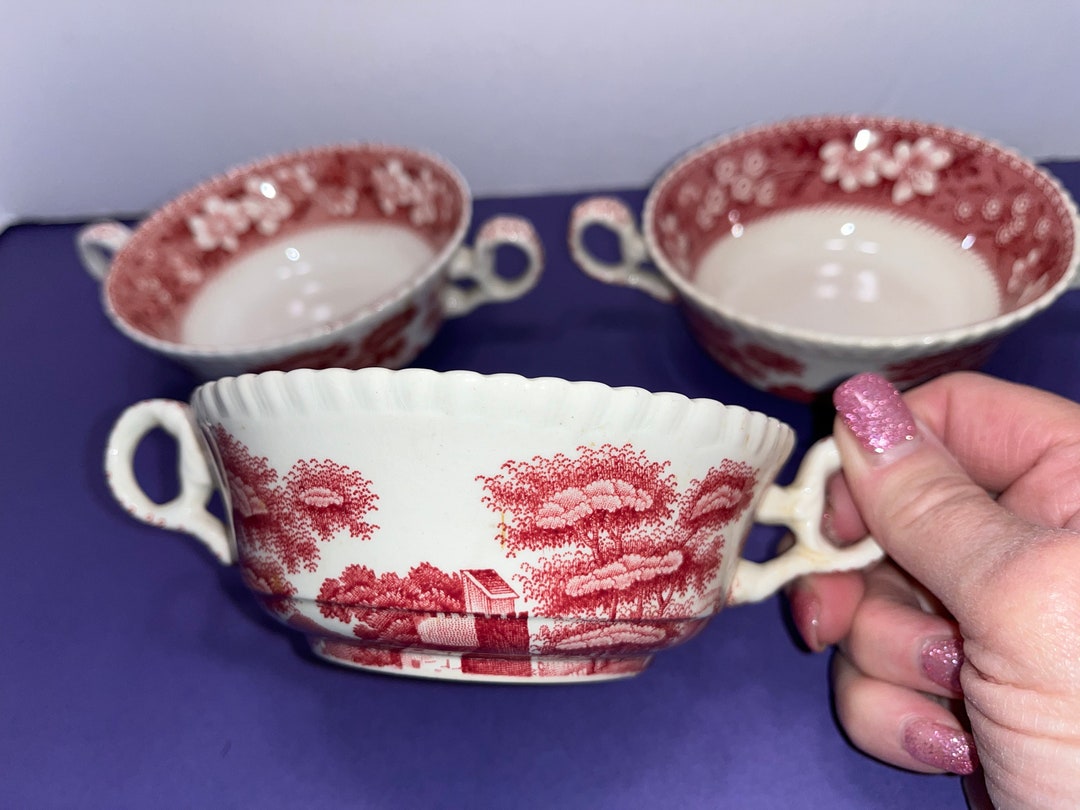 3 Copeland Spode's Tower Double Handle Soup Bowls, Red Transferware 6 1 ...