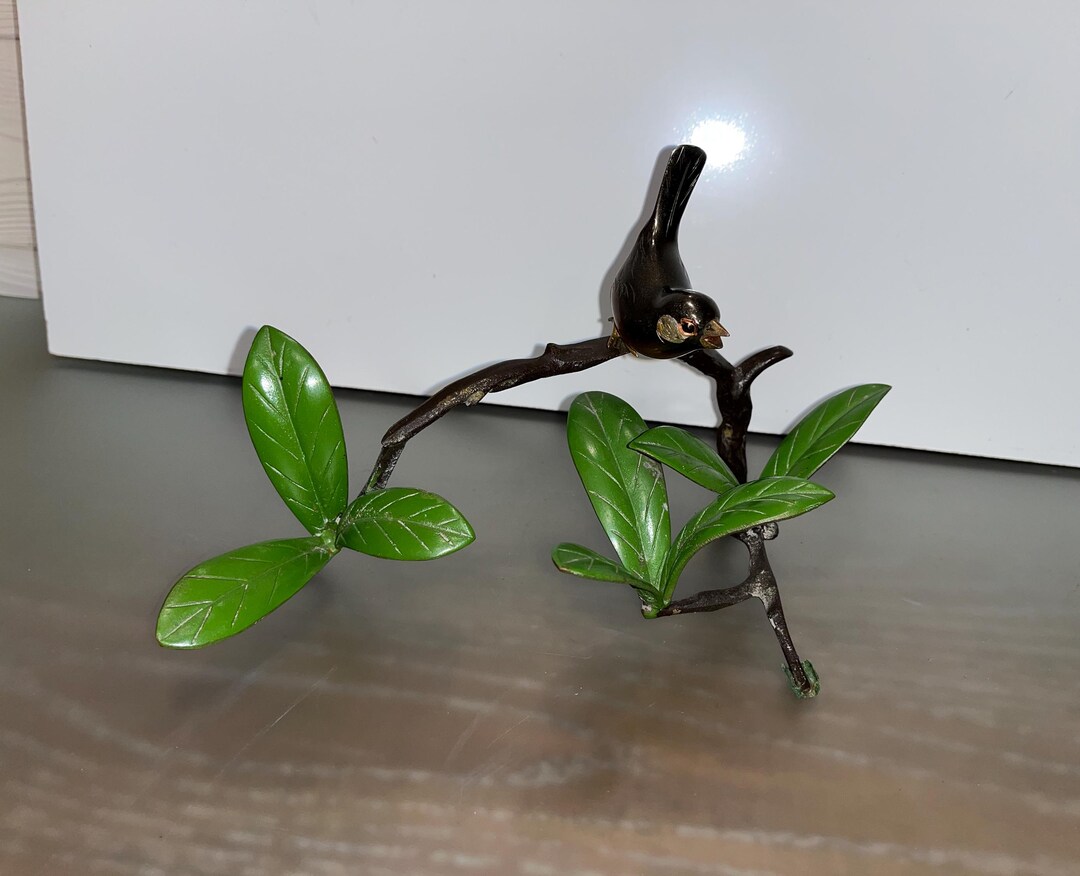 Vintage Bronze Bird on Branch, 10" Painted Bronze Branch Sculpture ...