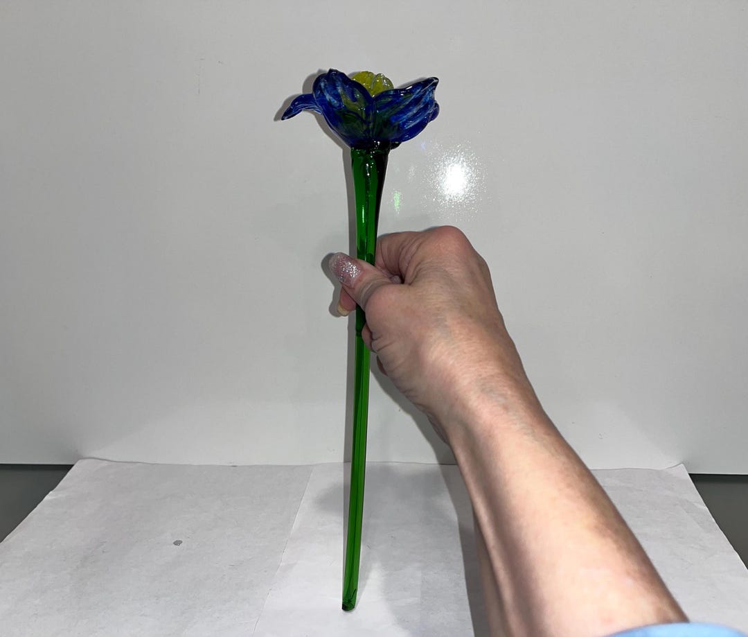 Art Glass 11" Blue Flower, Hand Blown Blue Flower, Long Stem Art Glass ...