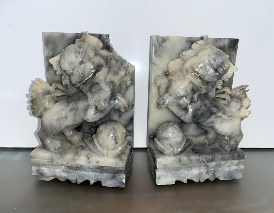 Pair of Carved Soap Stone Bookends, Set of Fu Dog Bookends, 7" Carved ...