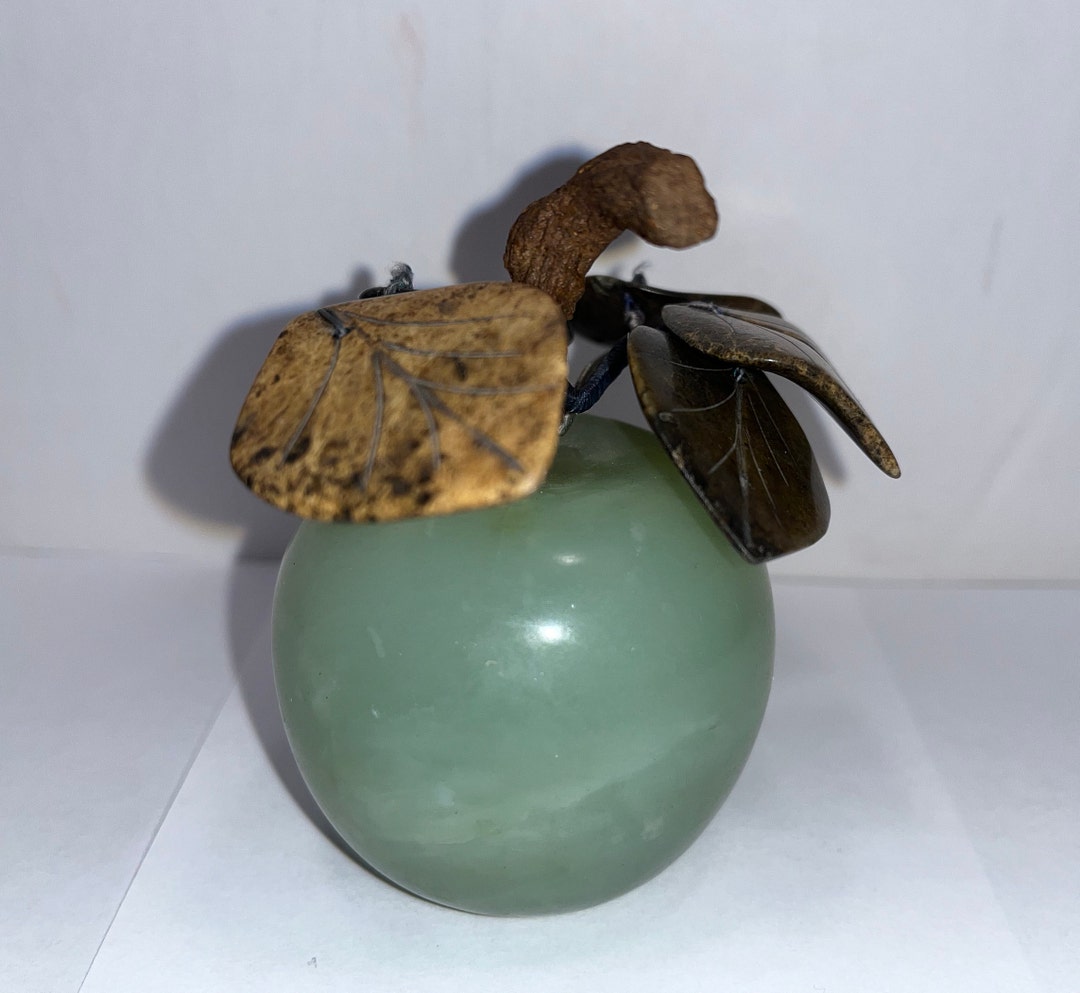 Mid Century Jade Apple, Chinese Artisan Made Marble Apple With Leaves ...