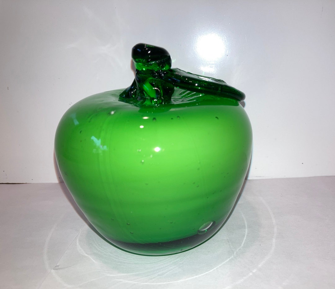 Vintage Green Art Glass Apple Paper Weight, Cased Green Glass Apple ...