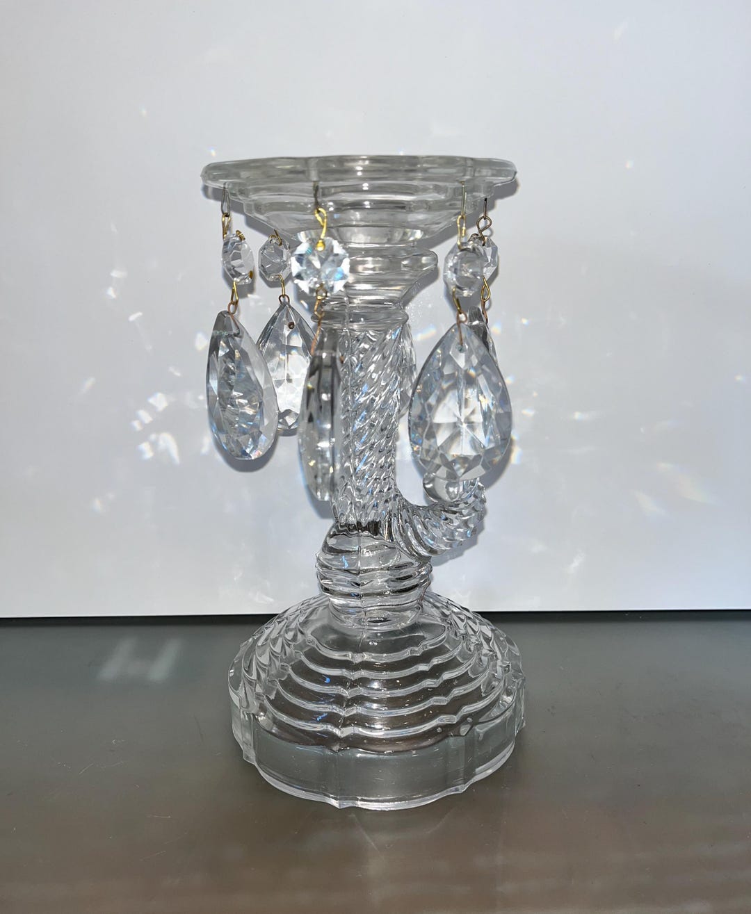 Vintage Indiana Cornucopia Candlestick With Teardrop Prisms, Chandelier ...