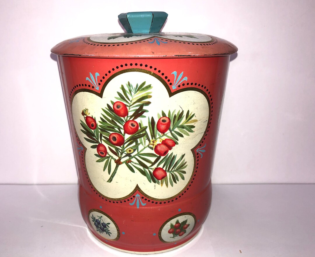 Vintage Round 1950 Coral Fruit Tin, Collectible Vintage Coral Turquoise ...