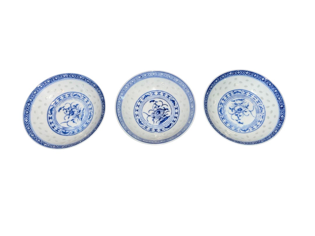 Set of 3 Vintage Ling Long Bowls, Chinese Rice Eyes Bowls, Chinese Blue ...