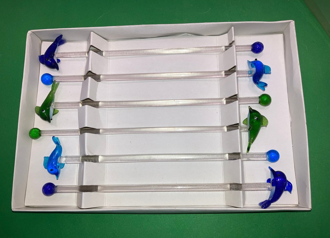 6 Mid Century Glass Dolphin Swizzle Sticks, Green Dolphin Bar Ware ...
