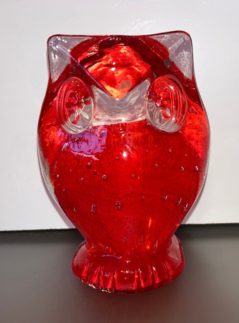 Vintage Studio Glass Clear Red Owl Figure Bubble Glass Owl | Etsy