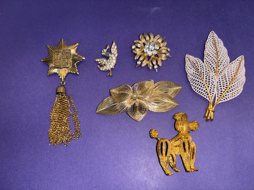 6 Vintage Gold Pins, Gold Poodle Pin, Gold Rhinestone Stork Pin, Crest ...