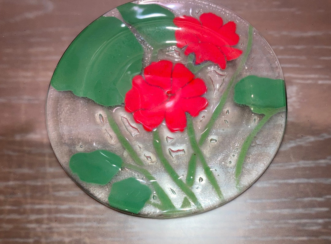 Signed Travis Fused Glass Plate, Red Impatients Fused Glass Bread Plate ...