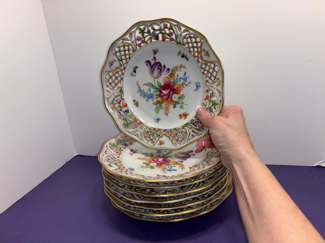 8 Antique Schumann Dresden Pierced Luncheon Plates, Schumann Germany 9 ...
