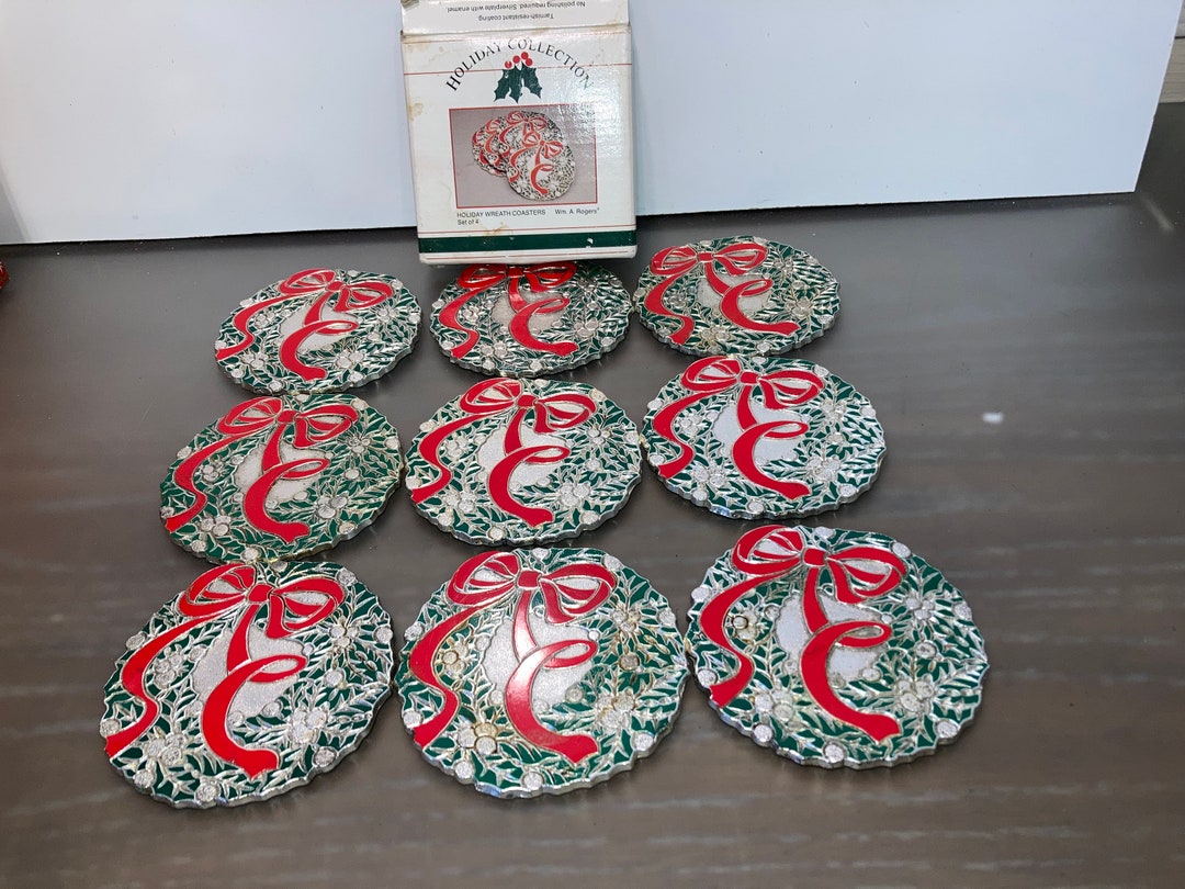 9 Vintage FB Rogers Silver Coasters, Enamel Holiday Wreath Coasters ...