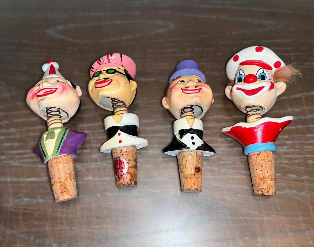 Set of 4 Vintage Bobblehead Stoppers, 1960 Ceramic Bobble Head Wine ...