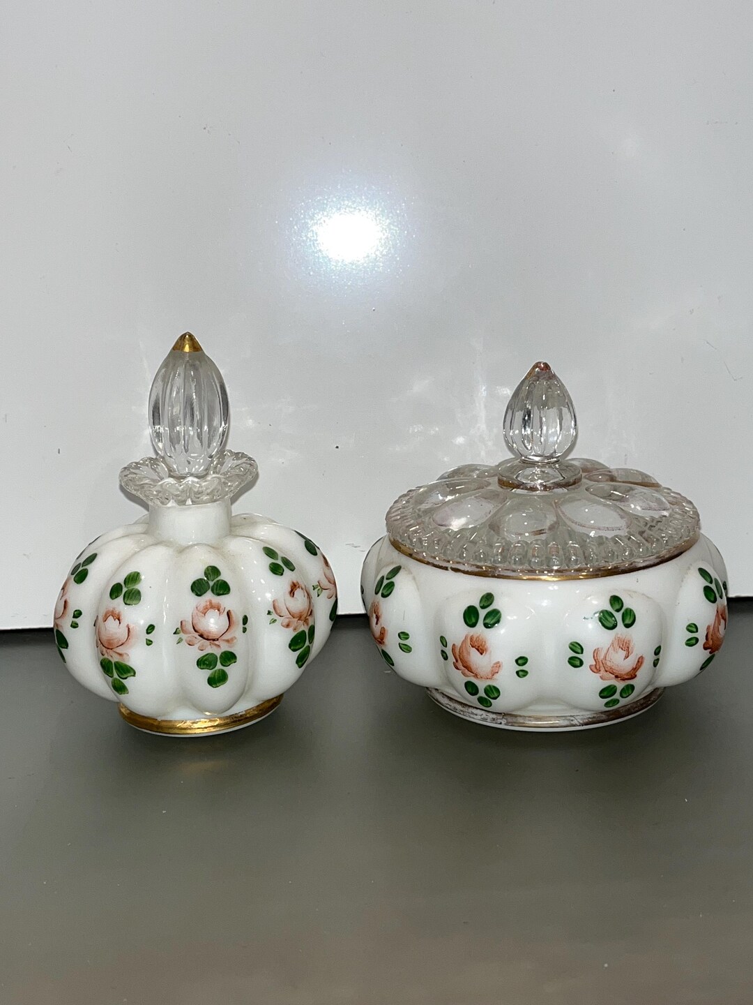 Fenton Painted Roses Mellon Vanity Set, Fenton Painted Milk Glass ...