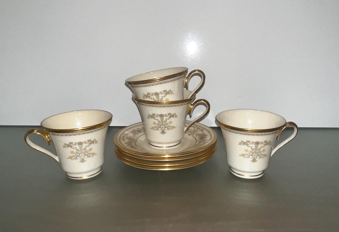 4 Lenox Castle Garden Cup Saucer, USA Lenox China Coffee Cups, Lenox ...