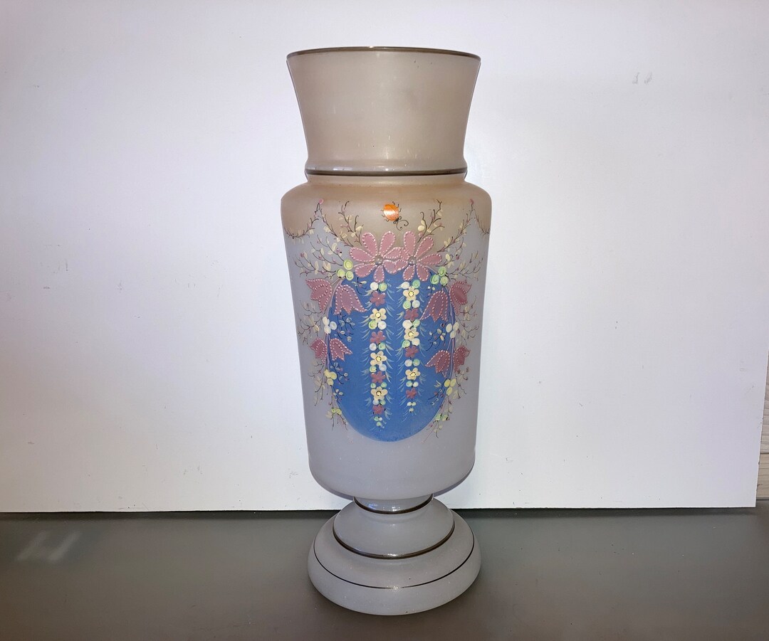 Vintage Bristol Vase With Painted Flowers, White Mouth Blown Opaline 13 ...