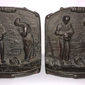Pair of Antique Bronze Praying Farmers Bookends, Farmers Angelus Prayer ...