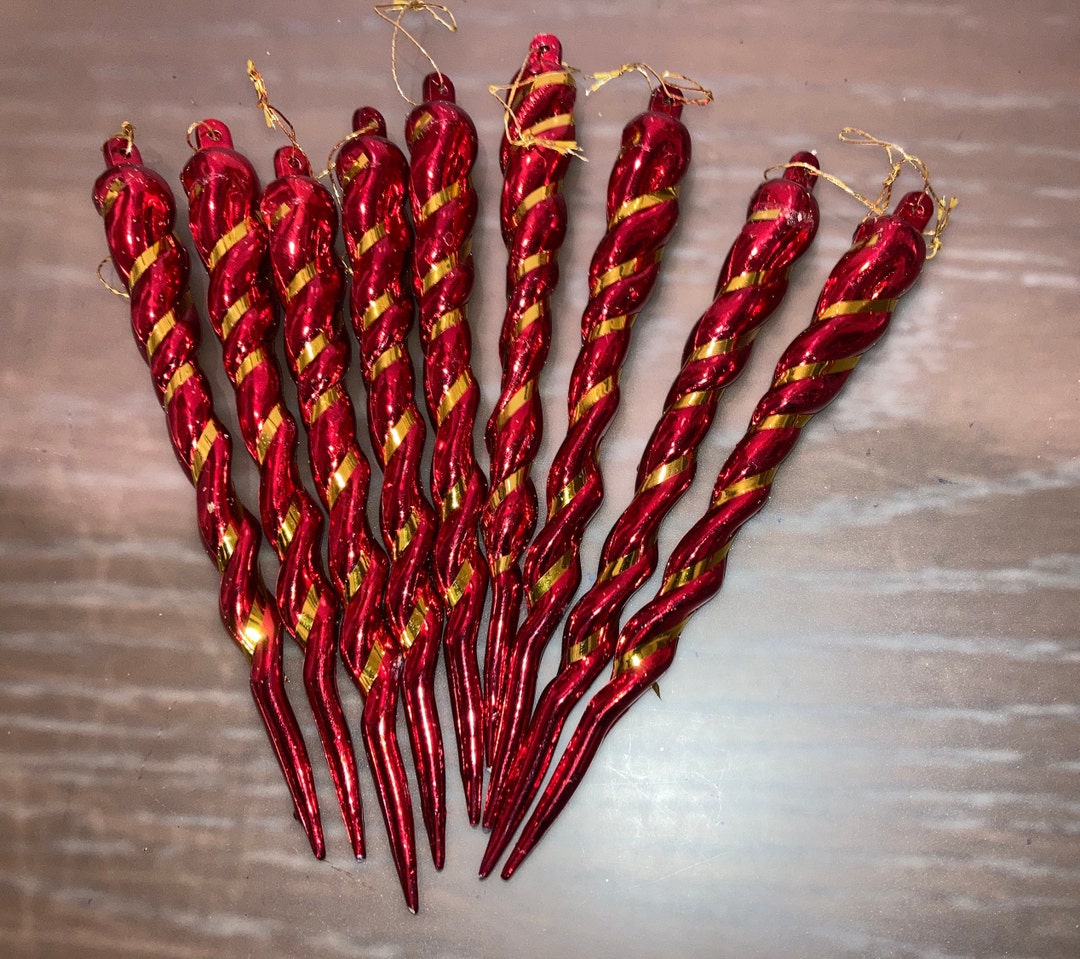 8 Vintage Red Spiral Icicles, Red Gold Tinsel Icicle Ornaments ...