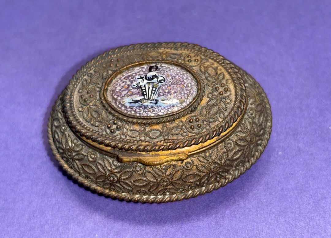 Antique Bell Metal Bronze Trinket Box, Antique Enamel Floral Pill Box ...
