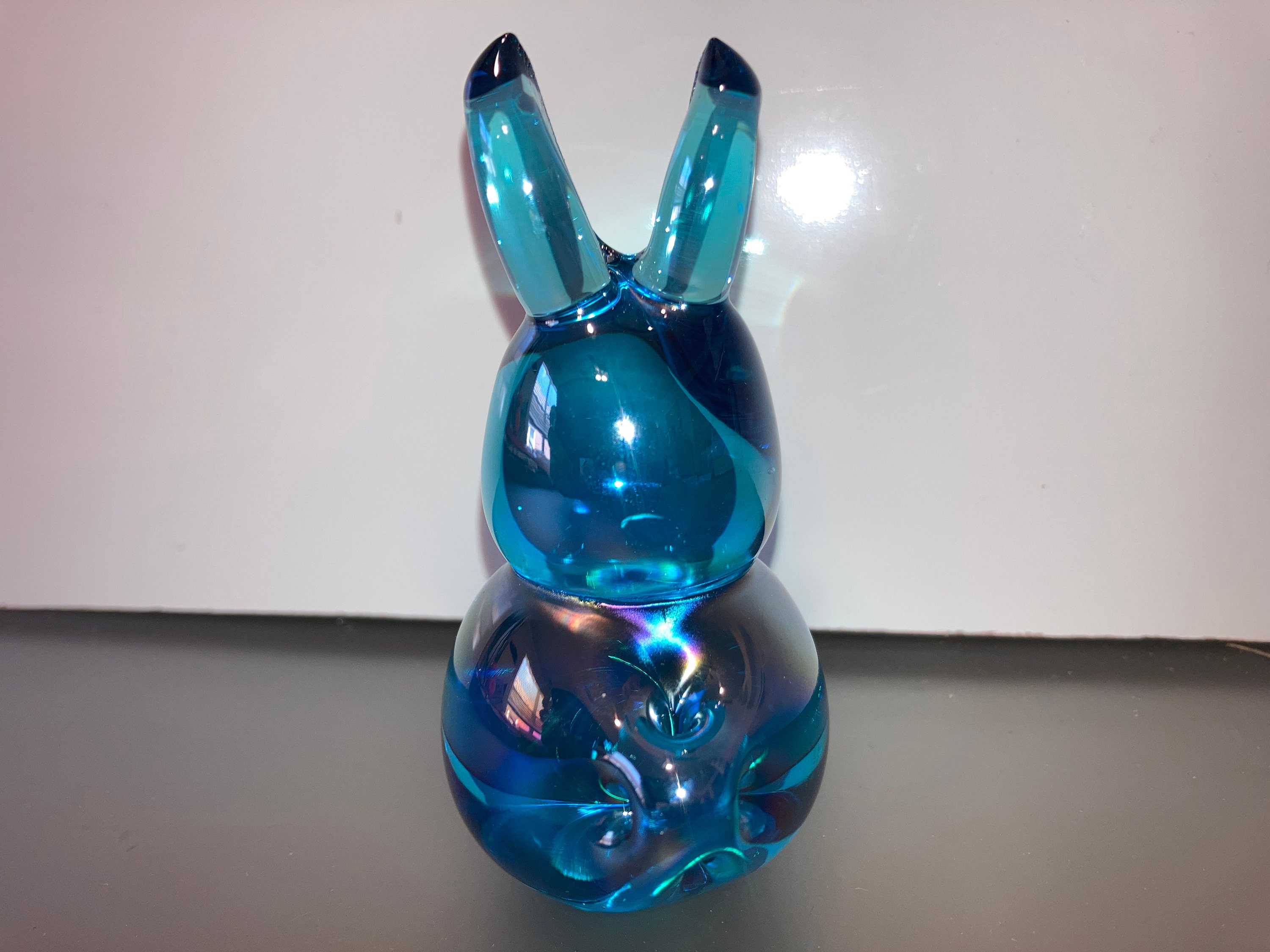 Ron Ray Aqua Bunny Rabbit Figure, 1982 Iridescent Turquoise Glass Bunny ...