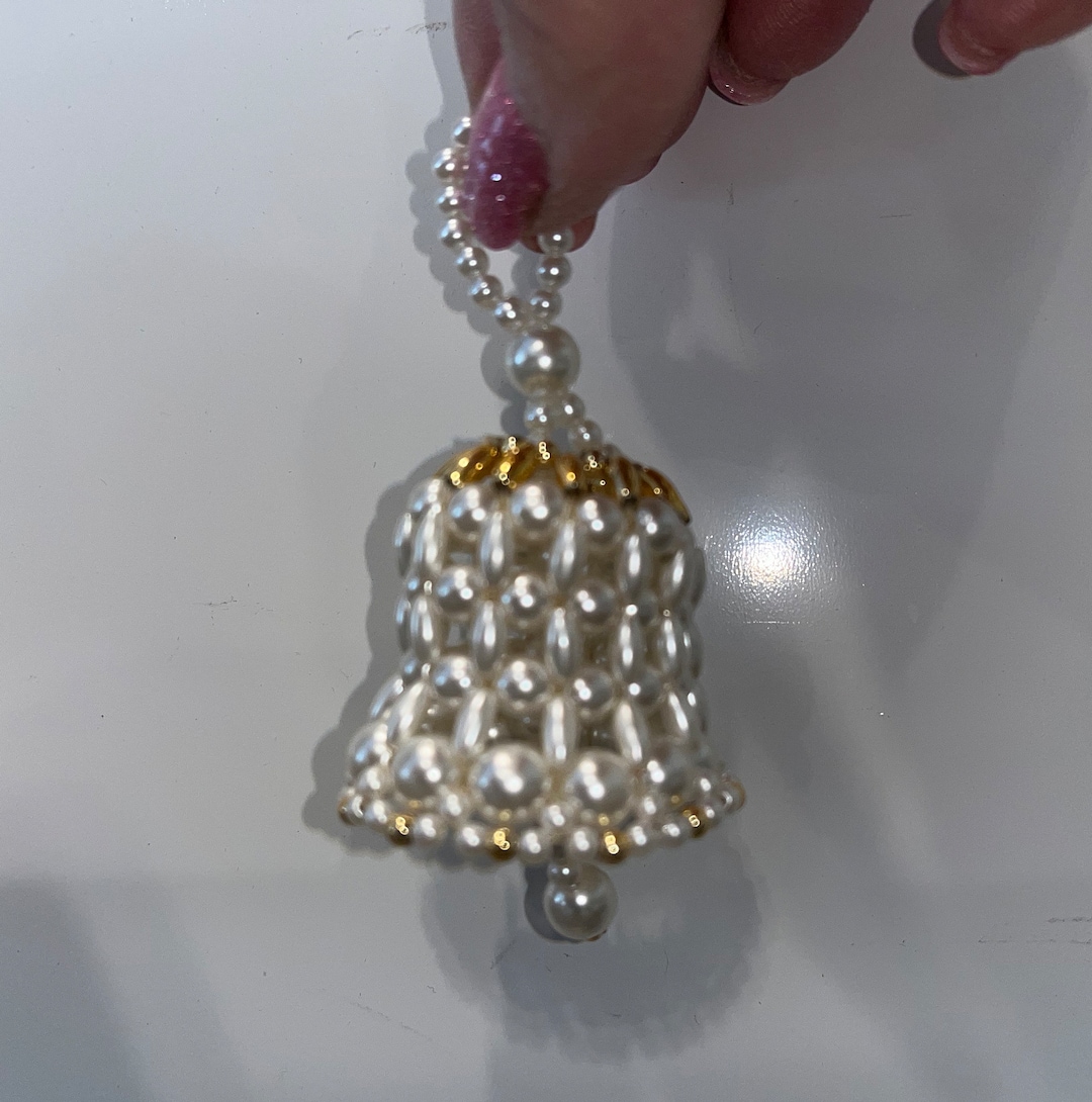 Vintage Hand Beaded Bell Ornament, Handmade Pearl Bead Christmas Bell ...