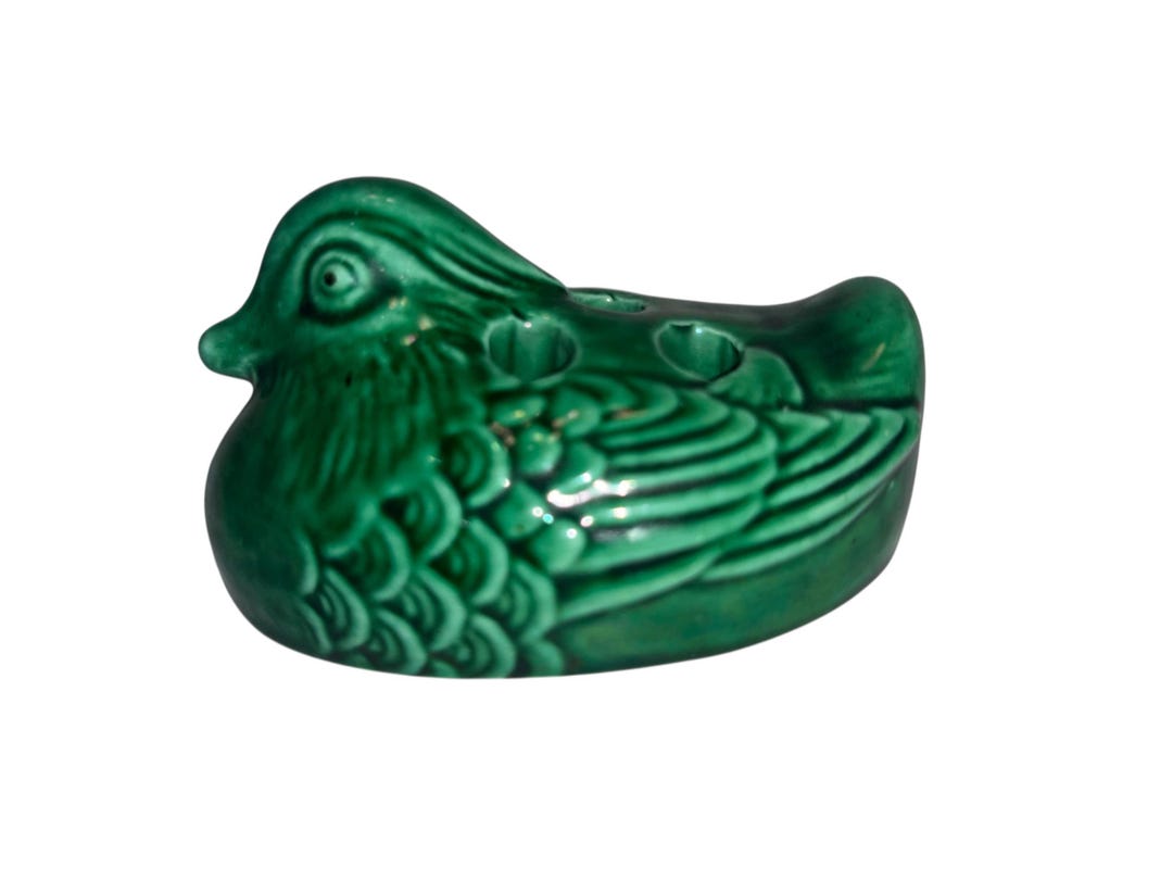 Vintage Flower Frog Duck, Ceramic Duck Flower Frog, Green Mandarin Duck ...