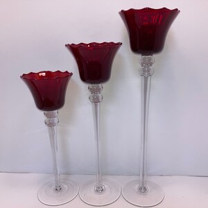 3 Vintage Ruby Glass Graduated Candlesticks, Ruffled Ruby Red Candle Holders, 14 12 10 Red Clear ...