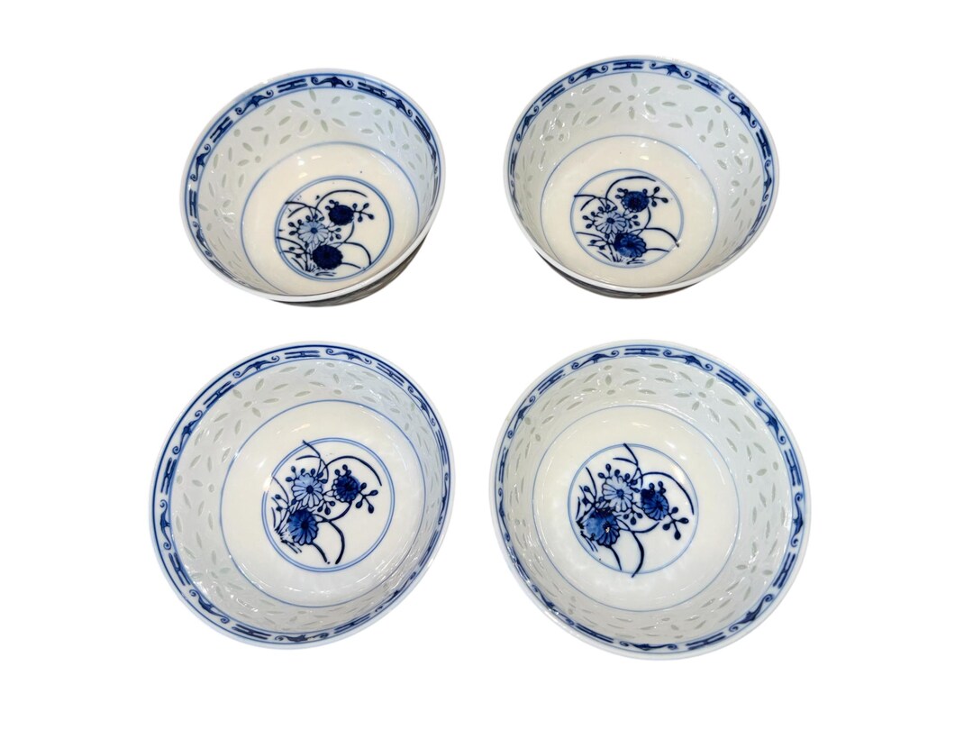 Set of 4 Vintage Ling Long Bowls, Chinese Rice Eyes Bowls, Chinese Blue ...