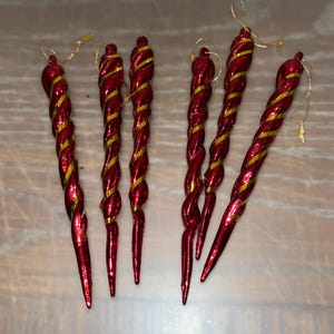 6 Vintage Red Spiral Icicles, Red Gold Tinsel Icicle Ornaments ...