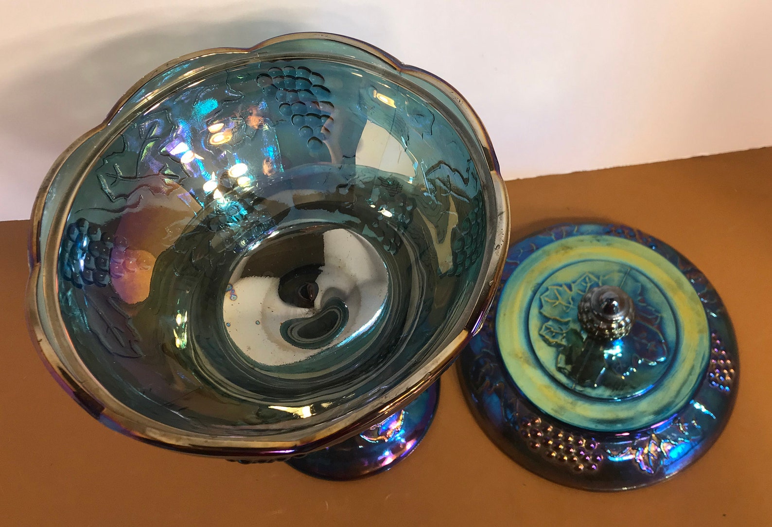 Vintage Indiana Blue Carnival Glass Compote, Harvest Grape Lidded Bowl ...