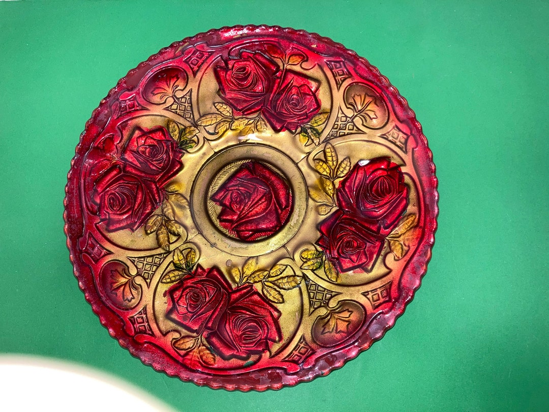 Vintage Goofus Glass Red Roses Plate, Antique Victorian Red Gold Plate ...