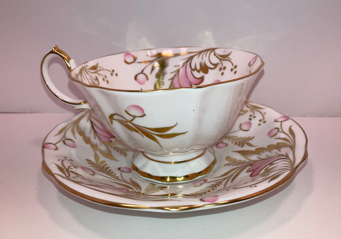 Mid Century Queen Anne Tea Cup Pink Gold England Cup Saucer | Etsy
