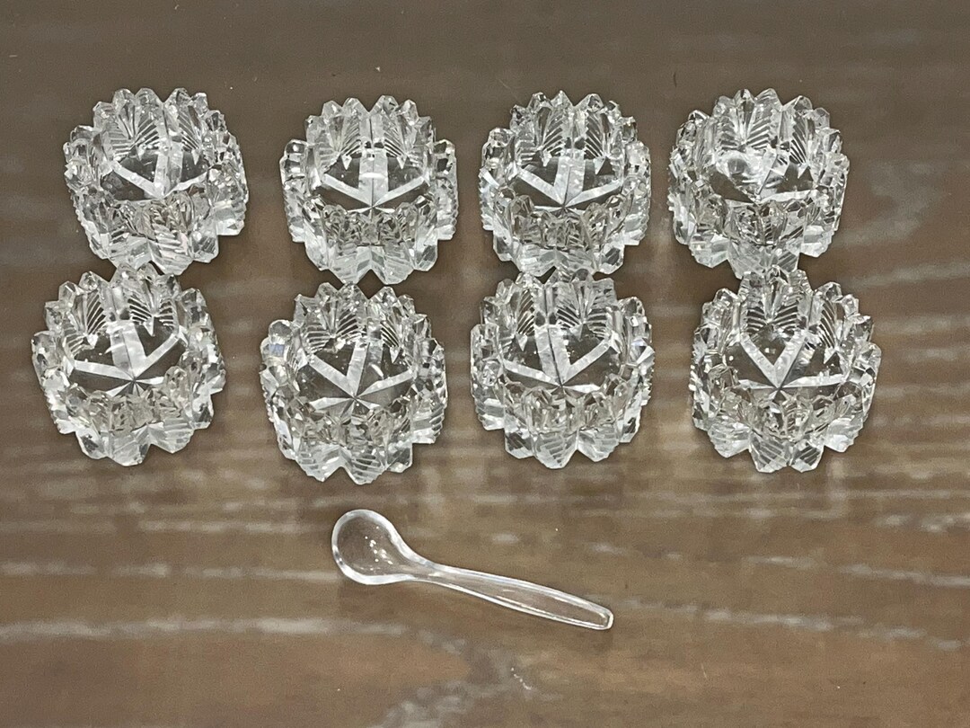 8 Vintage Round Cut Glass Salt Cellar, High Quality Feather Cut Salt ...