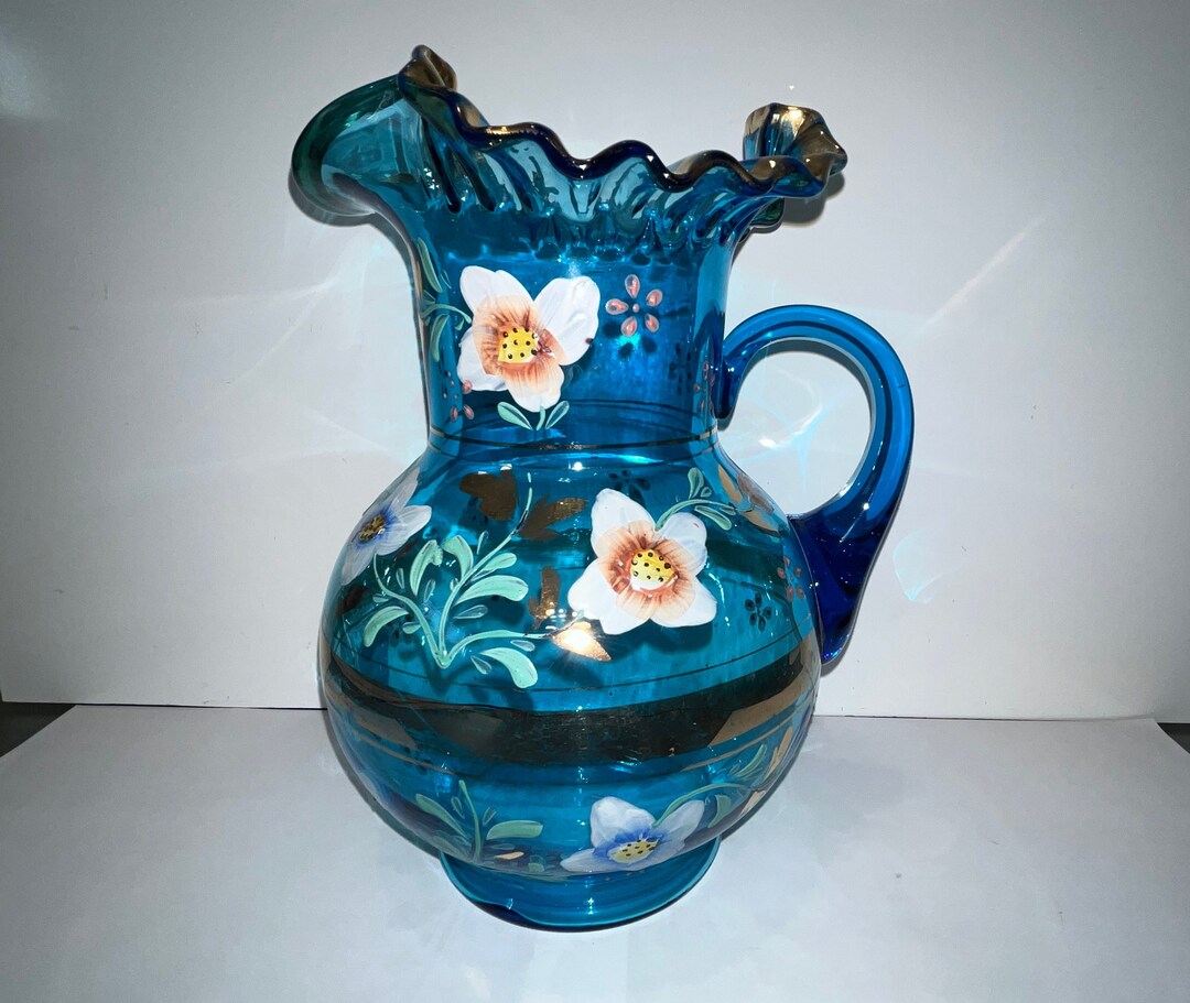 Fenton Painted Glass Turquoise Blue Pitcher, Vintage Blue Glass 10 ...