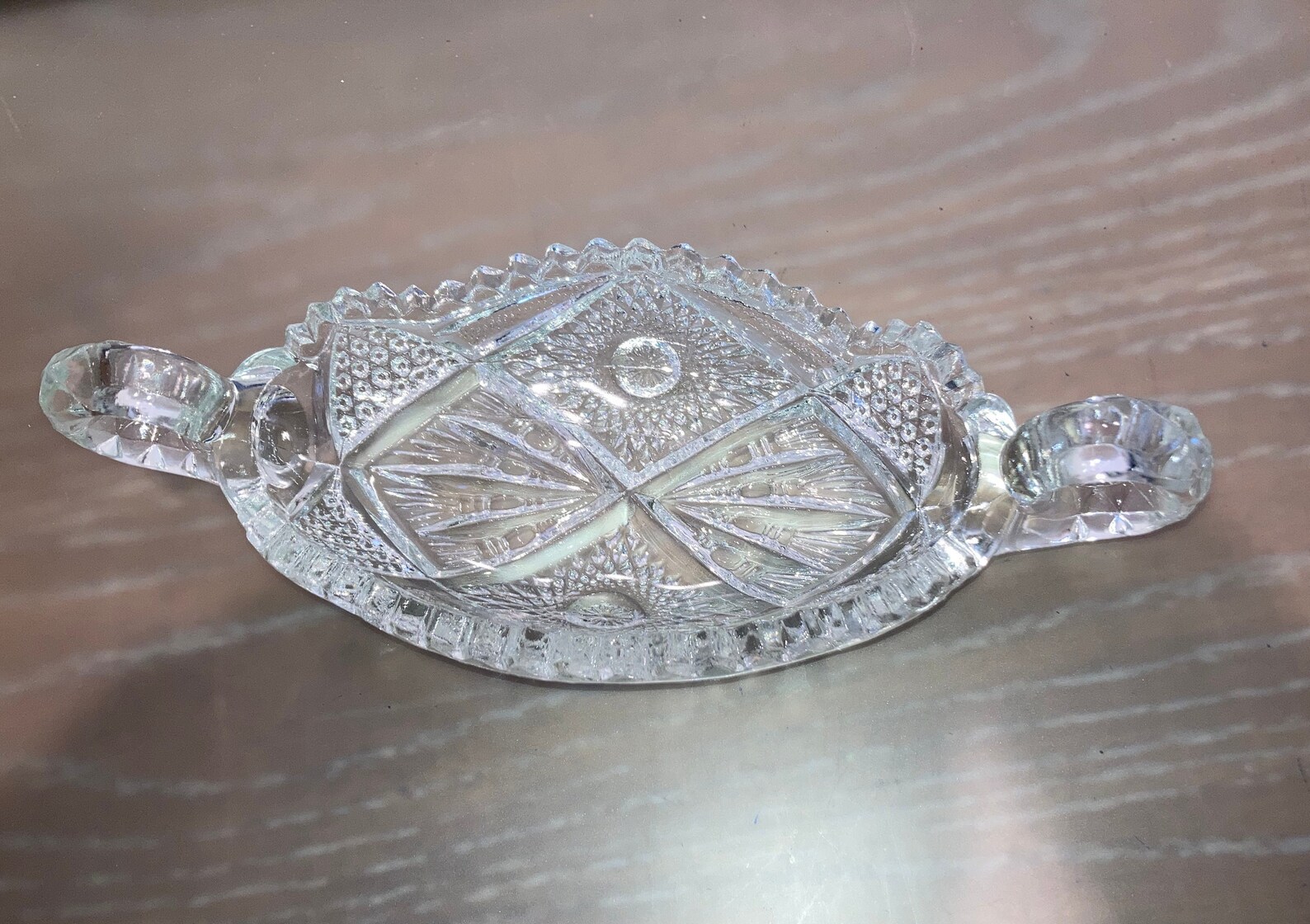 Vintage Cut Glass Nappy, Pressed Glass Double Handle Nappy Dish, Cut ...