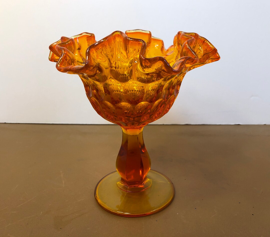 Vintage Fenton Orange Thumbprint Ruffle Rim Footed Compote, Fenton ...